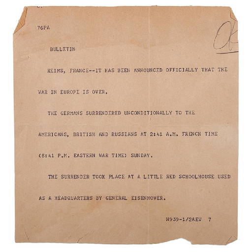 World War Ii, War In Europe Is Over Teletype