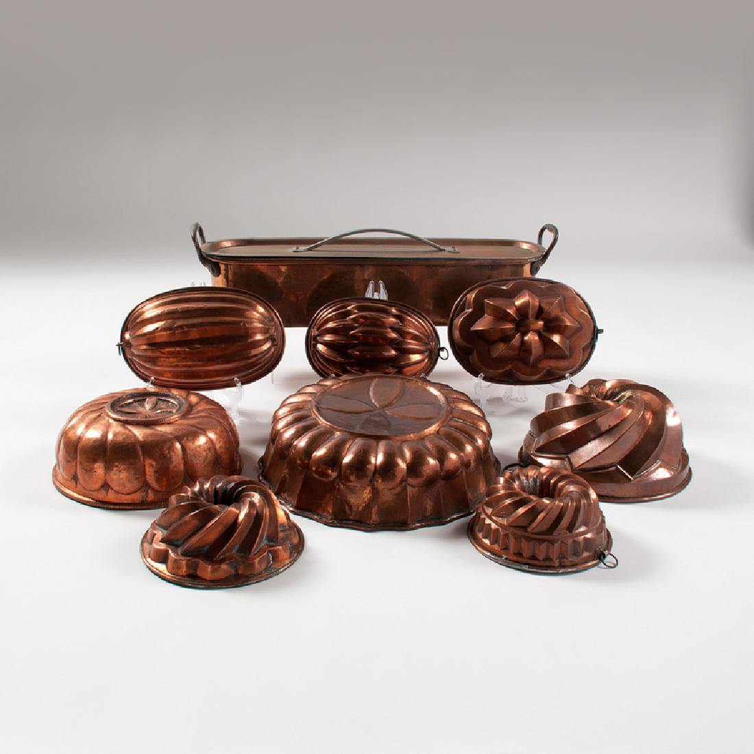Copper Food Molds and Boiler, Lot of Nine
