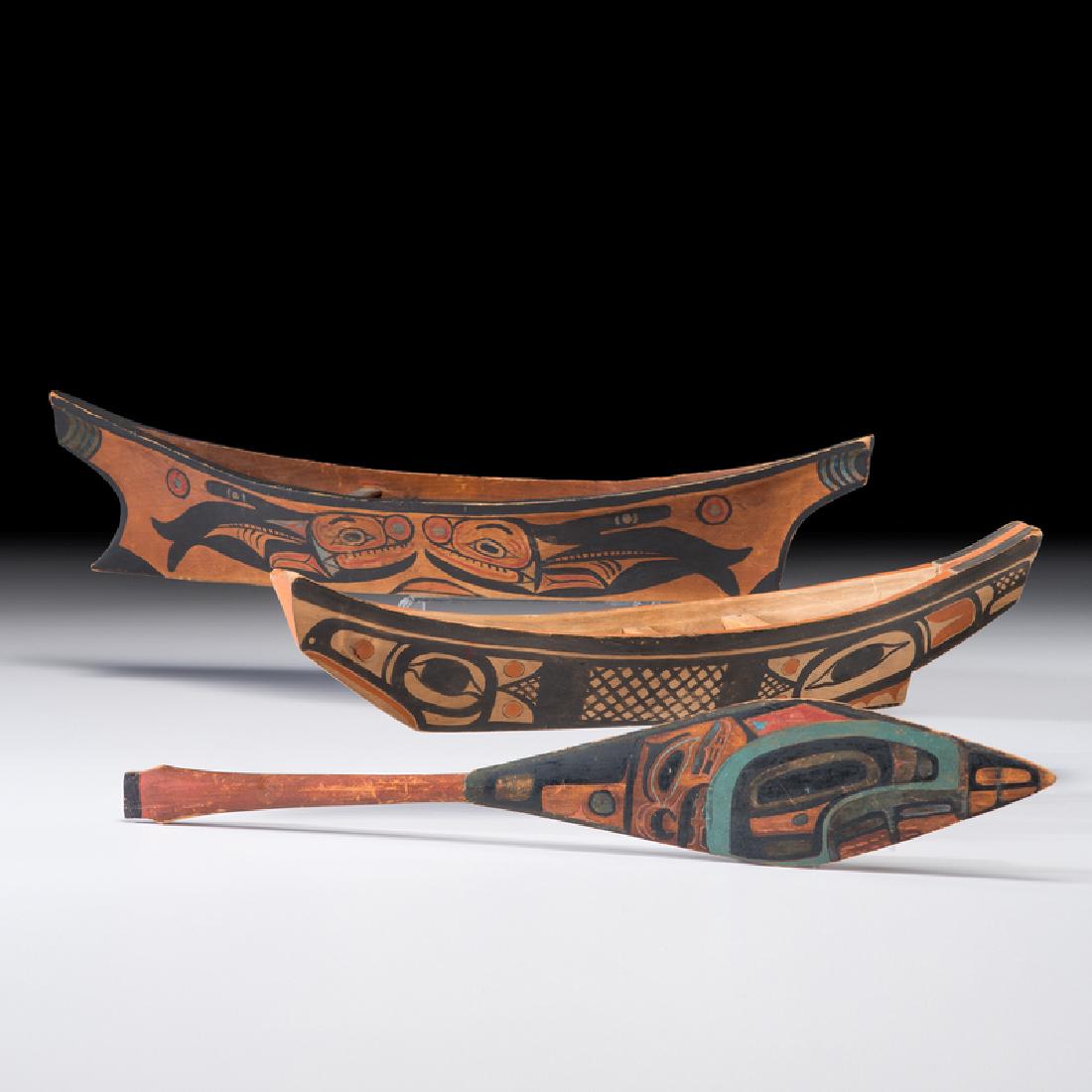 Haida Painted Model Canoes and Paddle
