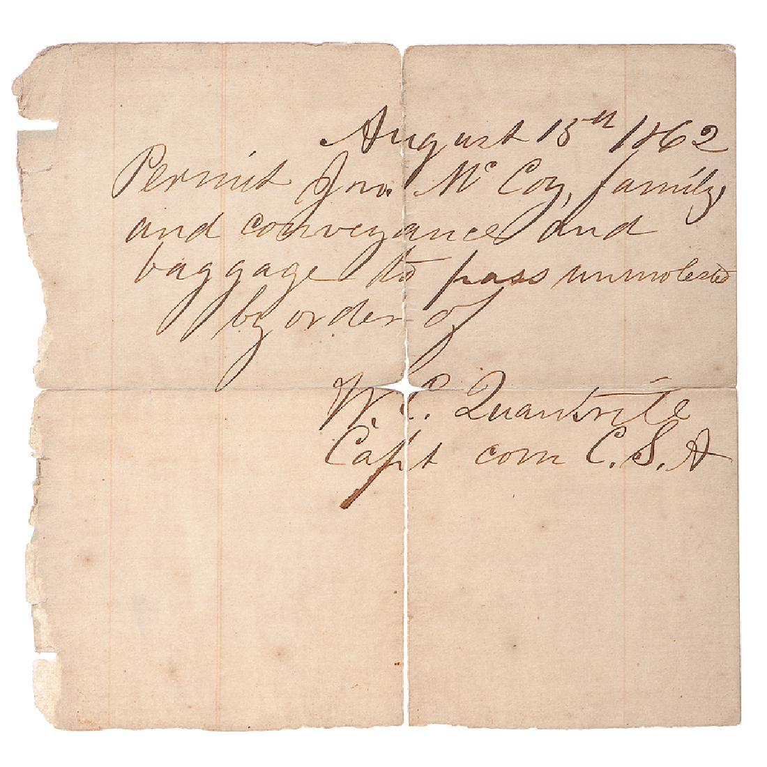 Confederate Pass Signed by Captain William C. Quantrill