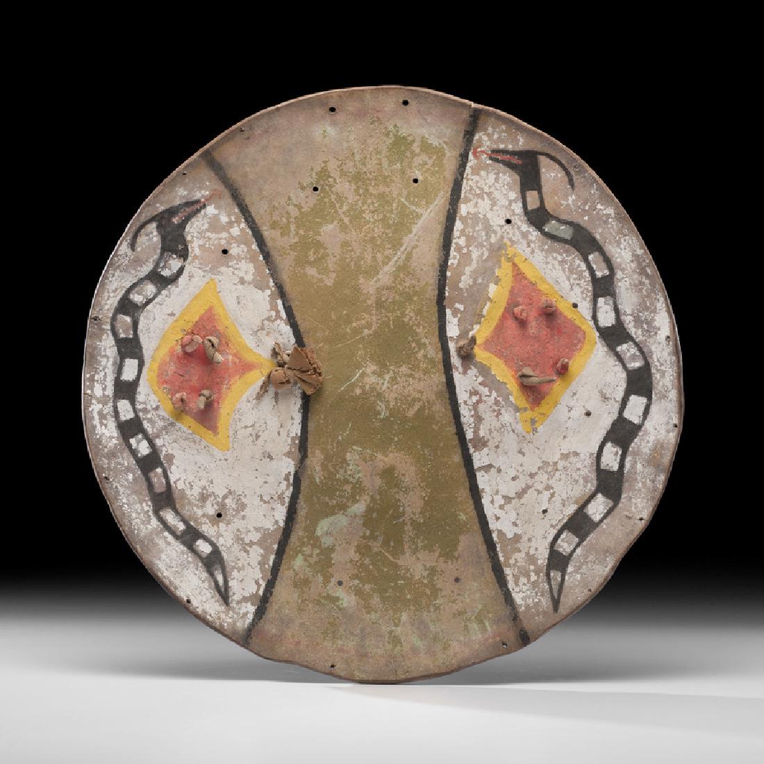 Pueblo Painted Buffalo Hide Shield with Cover, From the