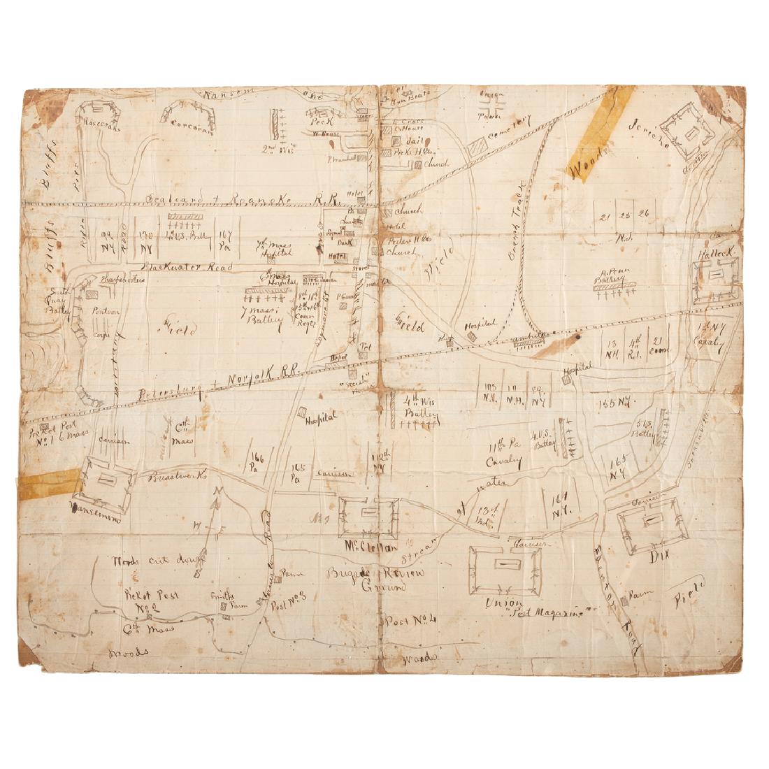 Civil War Hand Drawn Map Of The Siege Of Suffolk,