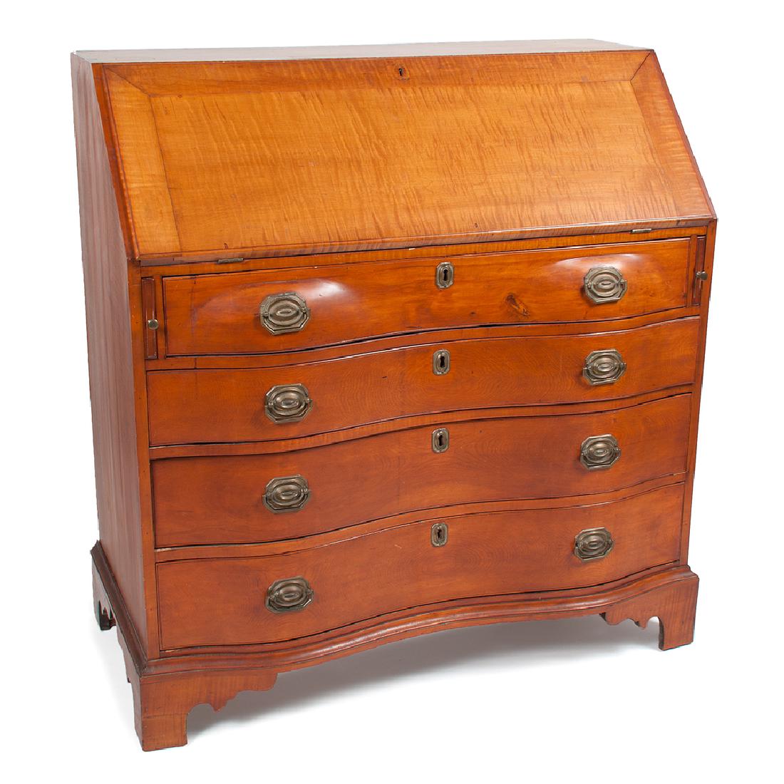 For Auction: Tiger Maple Oxbow Slant Front Desk (#128) on Aug 02, 2019 ...