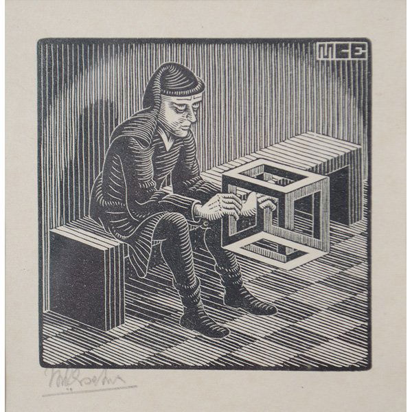 114: Man with Cube Woodcut by M.C. Escher
