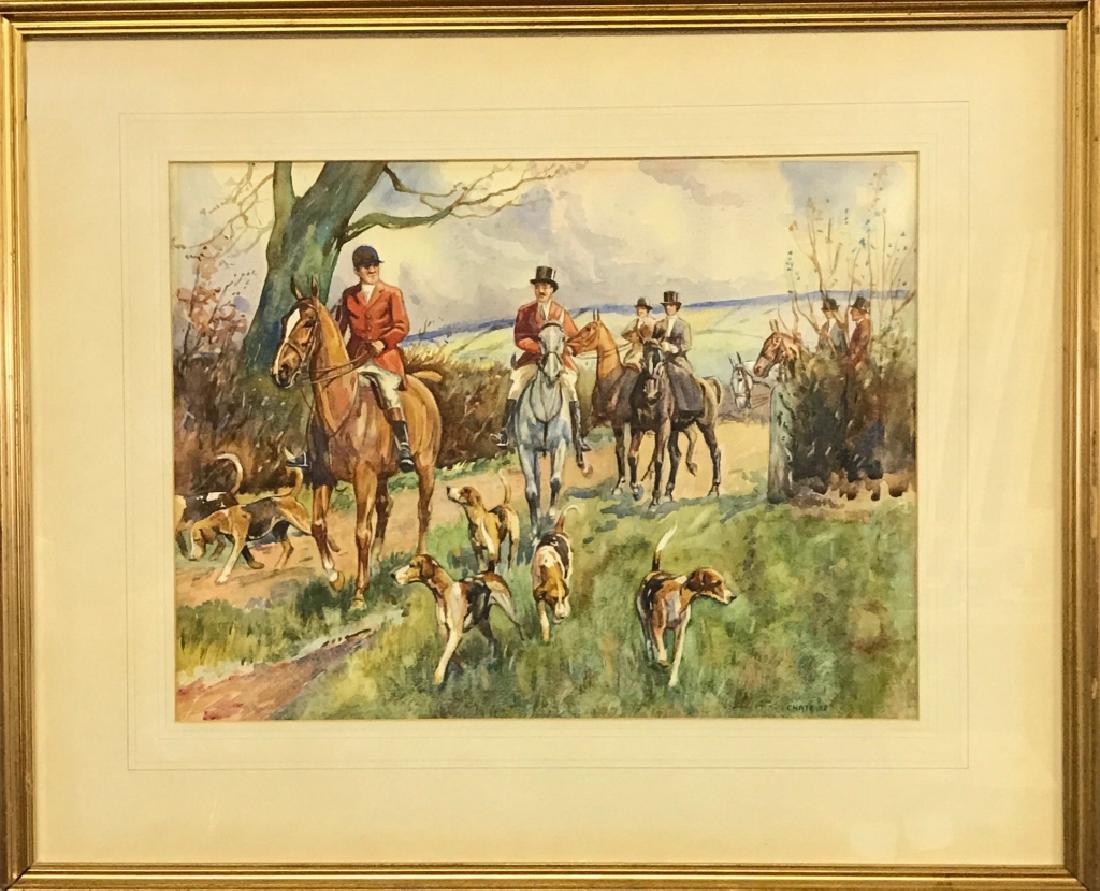 Framed and Matted Watercolor of a Fox Hunt
