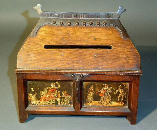 41: Arts & Crafts walnut ballot box with decoupage cour