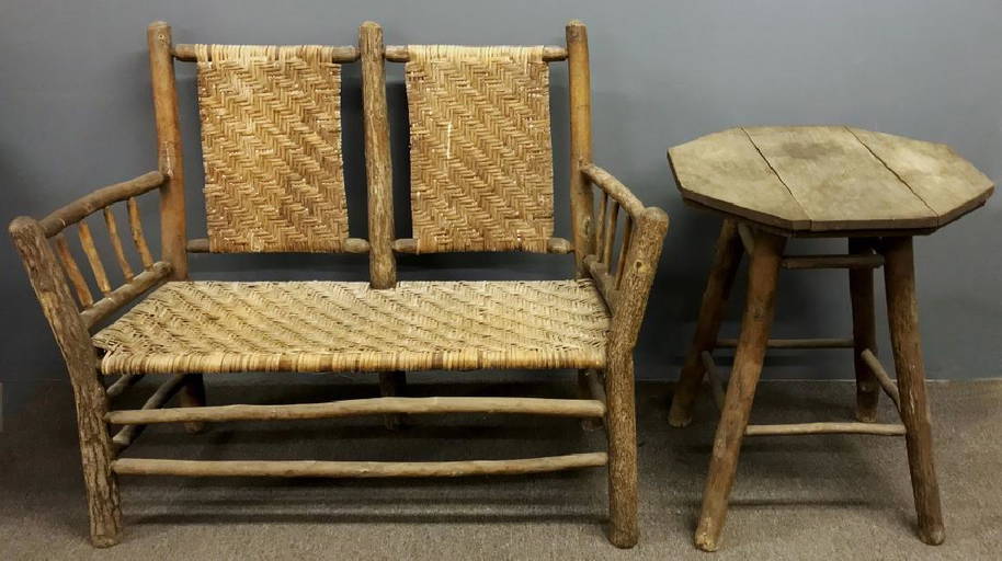 Primitive Wood Settee With Rush Back And Seat