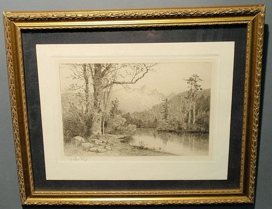 51: Original etching landscape of mountains and stream
