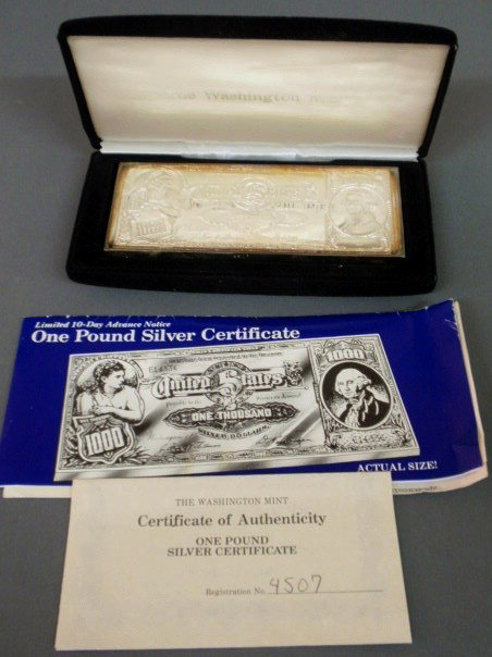 Washington Mint One Pound Silver Certificate, 16
