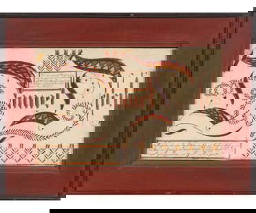 Small Watercolor And Ink Fraktur Drawing.