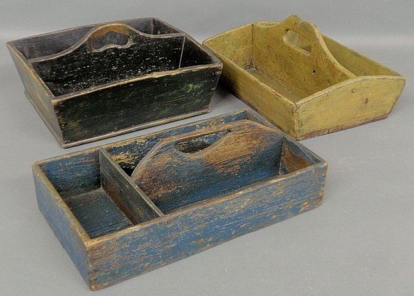 Three primitive country paint decorated cutlery boxes,