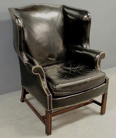 Chippendale Style Black Leather Wing Chair By Kittinger