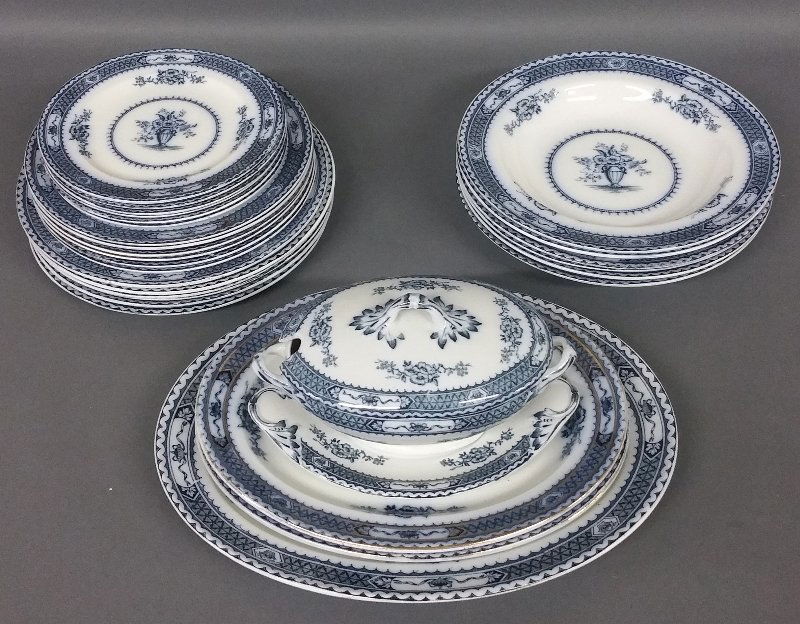 Flow Blue Wood & Son China Service, "warwick" Pattern.