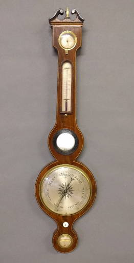 English Banjo Form Inlaid Mahogany Barometer Signed