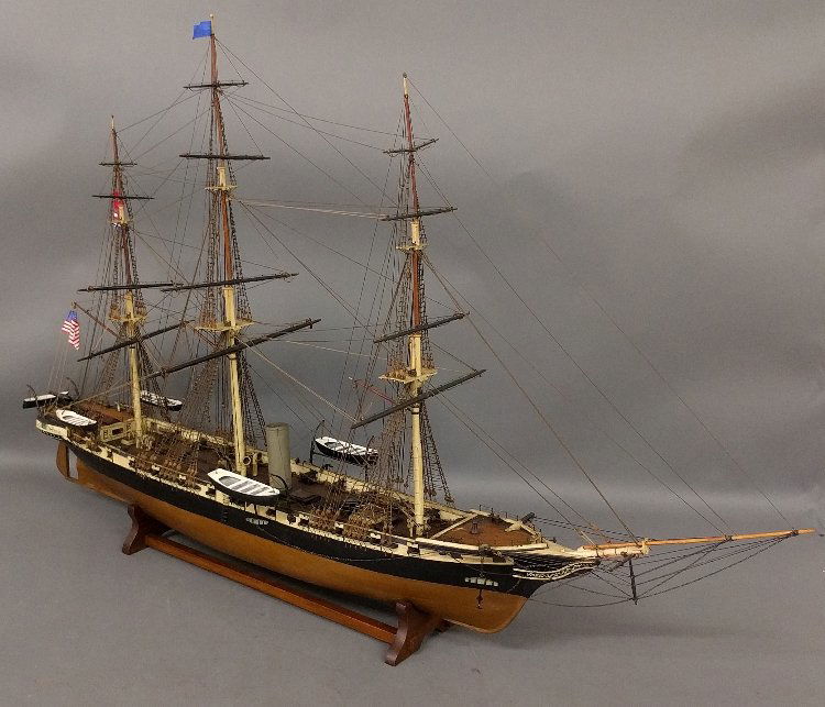 Wood Ship Model Of A Sail Assisted Steamship. 26 ½ Inc