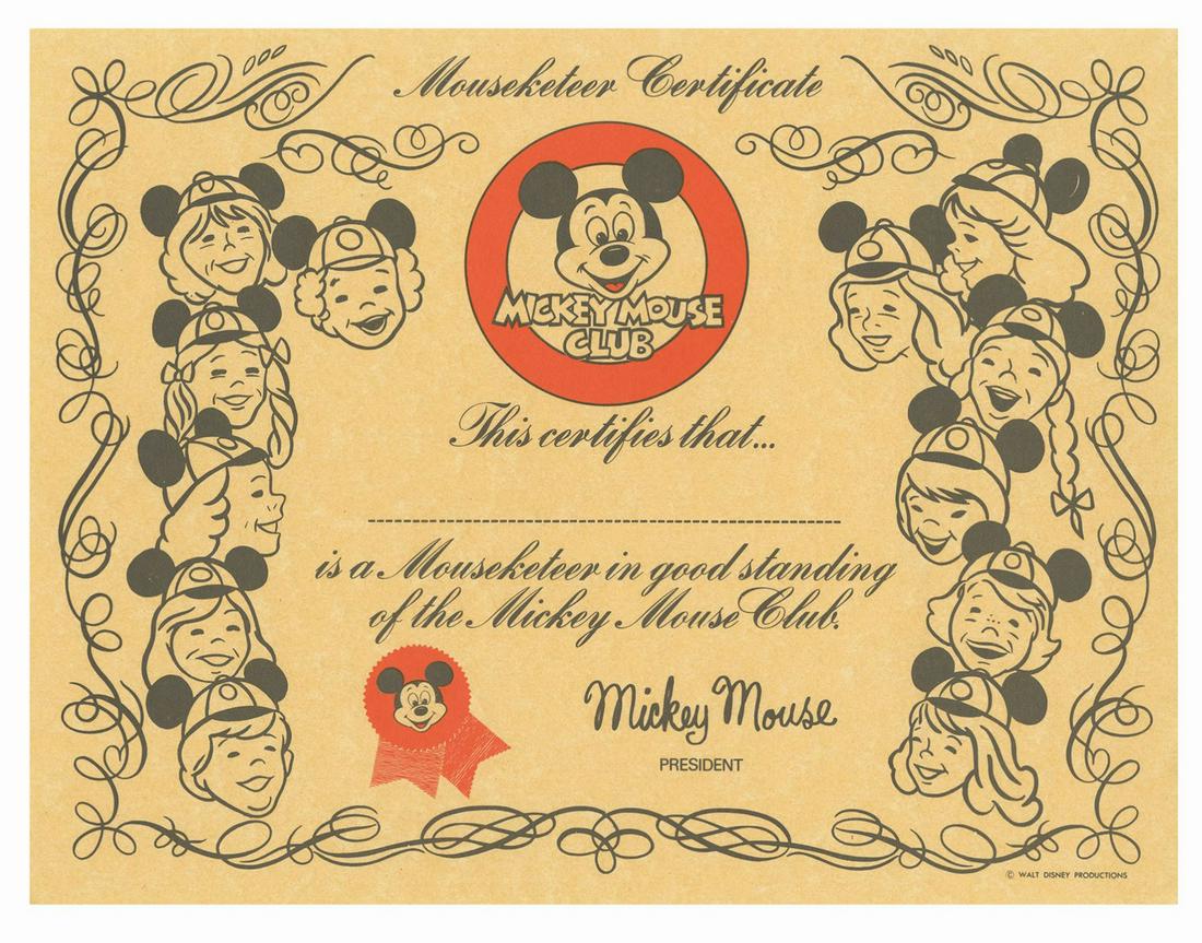 Mickey Mouse Club Membership Certificate.
