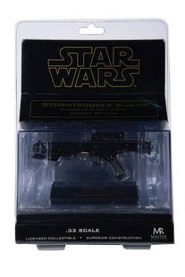A Stormtrooper Blaster Scaled Chrome Replica.