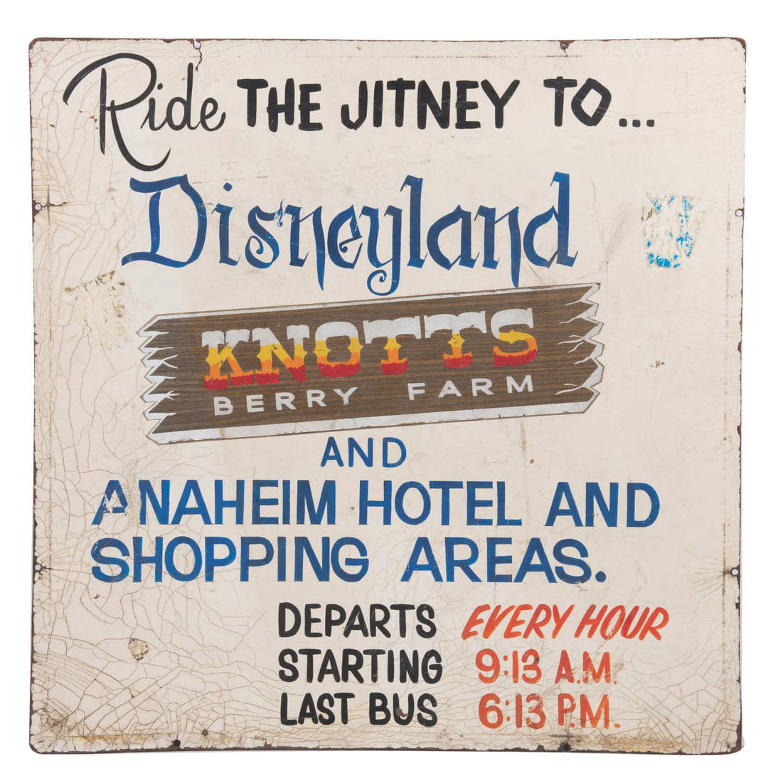 Ride The Jitney To Disneyland, Knotts, & Anaheim Sign. Auction