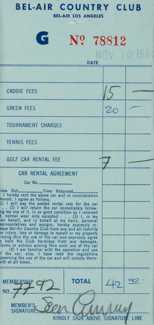 A Sean Connery Signed Golfing Receipt. Auction