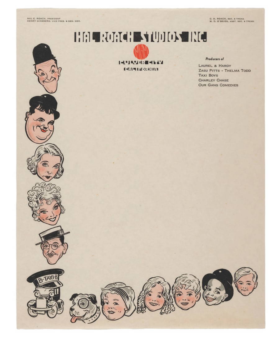 Hal Roach Studios Letterhead. Auction