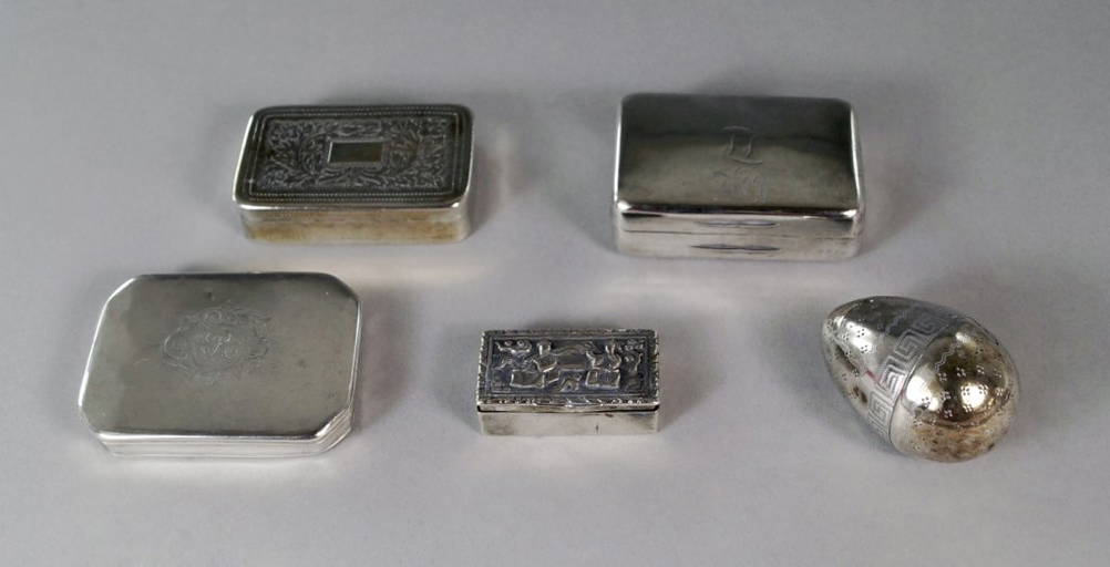 A Collection Of Five Snuff Boxes, Of Various Designs,