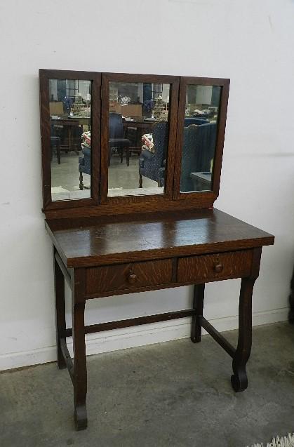 Antique Oak Vanity With Triple Mirror