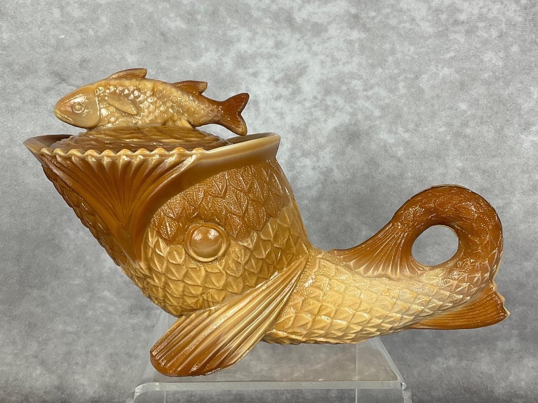 Slag Glass Dolphin Covered Dish Auction
