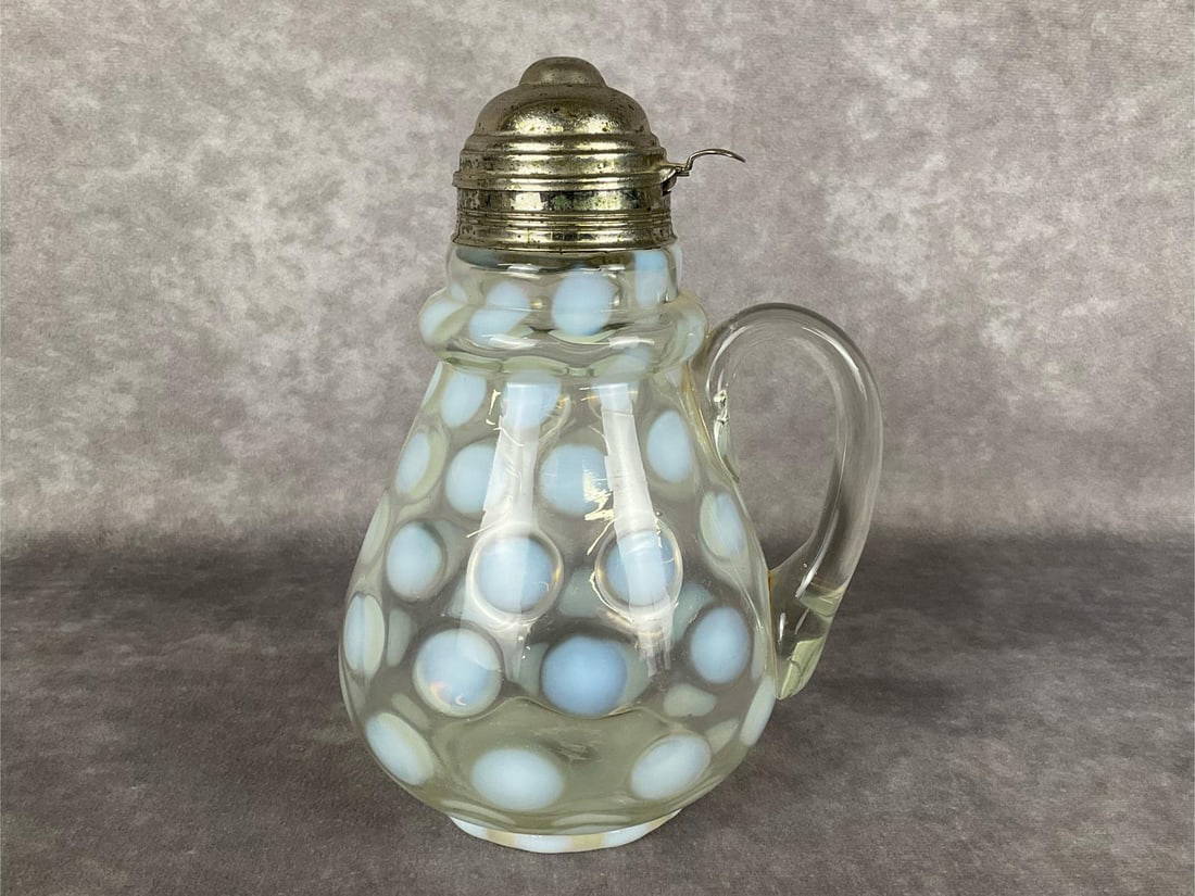 Opalescent White Coin Spot Glass Syrup Pitcher Auction