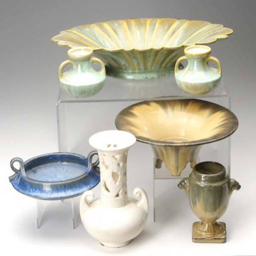 Fulper Seven Pieces In Assorted Shapes And Glazes,