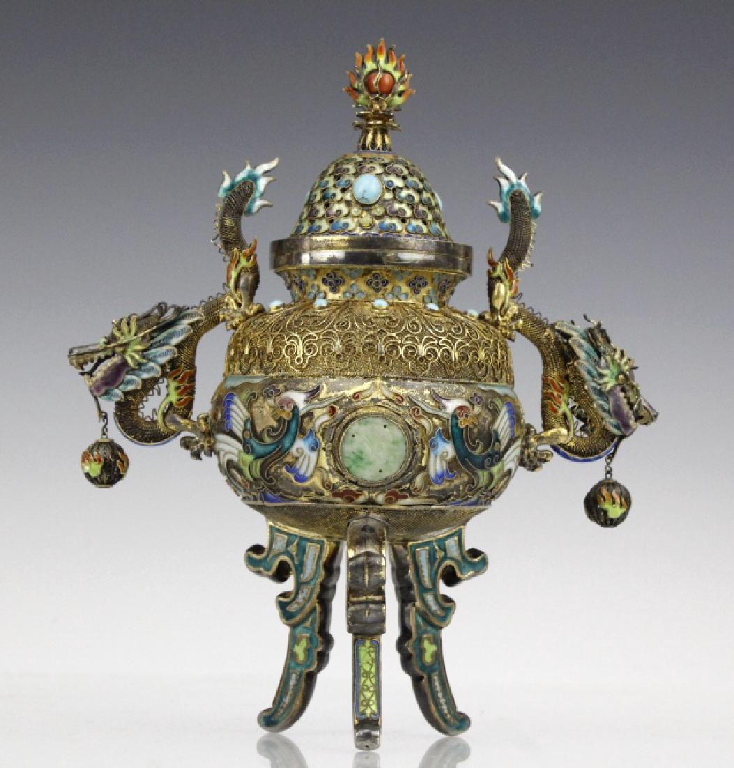 Chinese Silver Double Head Enameled Dragon Censor