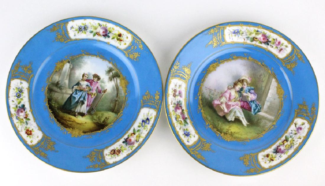 PAIR of Sevres French Blue Porcelain Scenic Plates