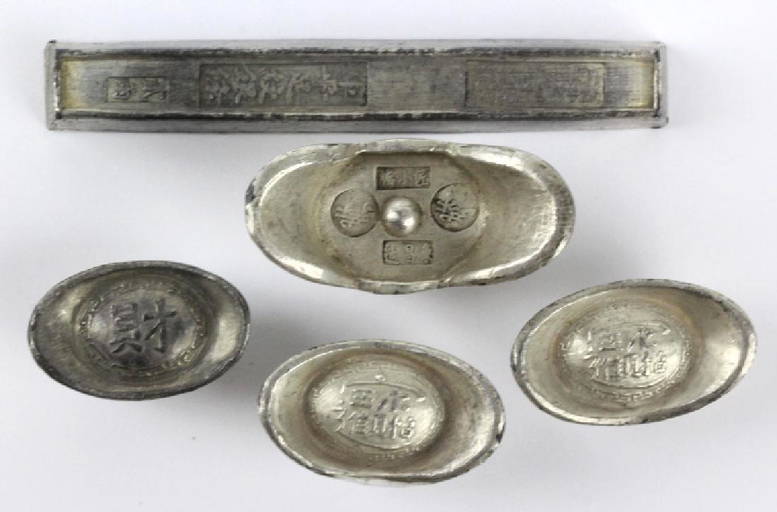 5 Chinese Silver Tael Sycee Ingot Boat Bars 558.8g