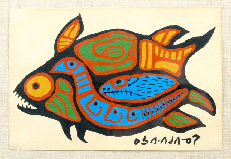Norval Morrisseau Fish Acrylic On Paper Painting