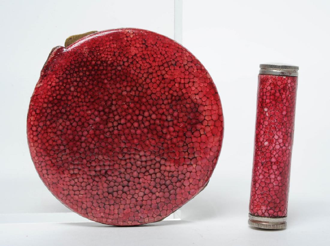 Red Art Deco French Shagreen Compact & Lipstick