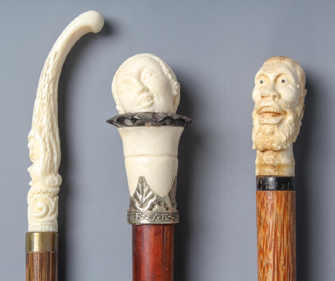 3 Antique Carved Bone Figural Face Walking Cane