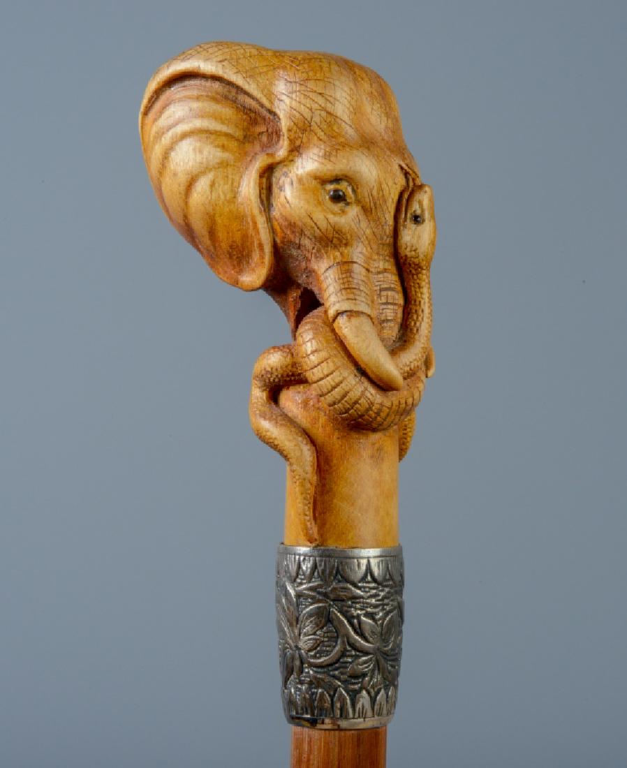 FINE Carved Wood Elephant Snake Walking Stick Cane