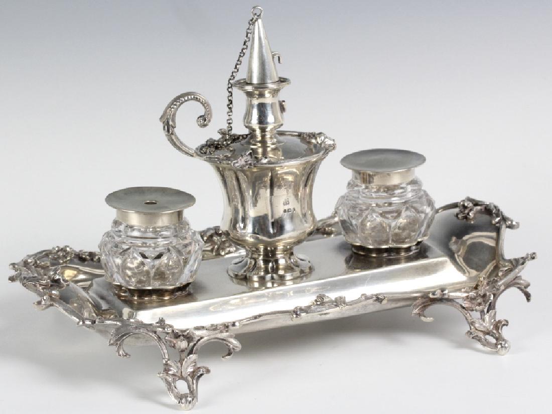 Antique English William IV Era Silver Inkwell Set
