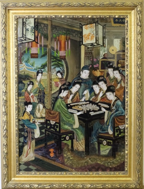 Chinese Reverse Painted on Glass Mahjong Painting