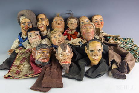 12 Wood Carved European Hand Puppets Estate Lot