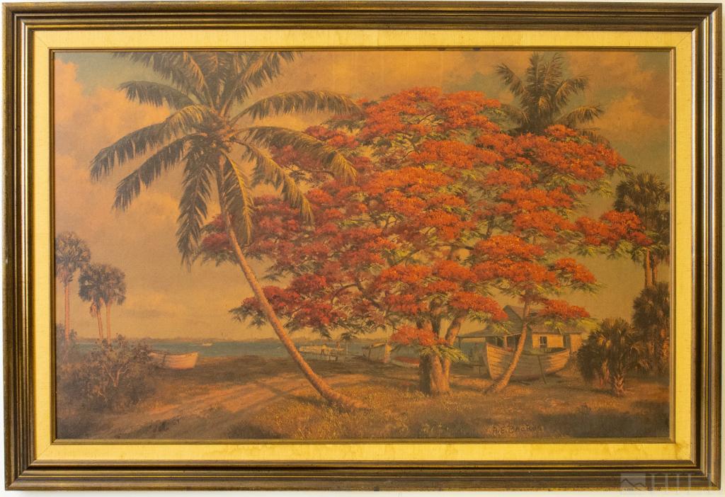 Albert Backus Red Royal Poinciana Seascape Signed