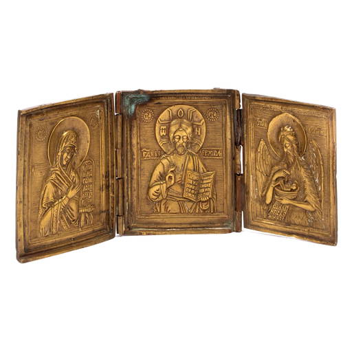 Russian Orthodox Antique Bronze Folding Triptych