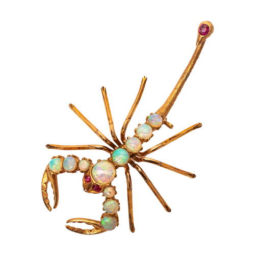 14k Gold Scorpion Red Ruby & Fire Opals Brooch Pin