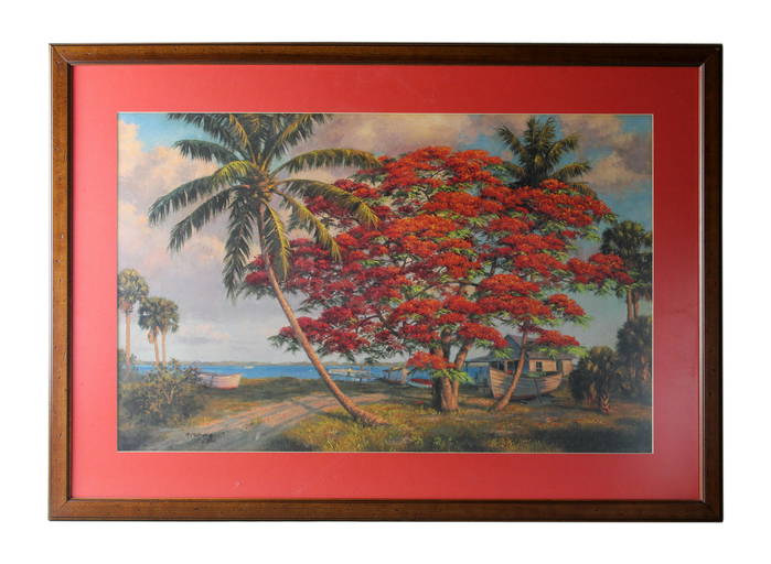 Albert Backus Red Royal Poinciana Seascape Signed