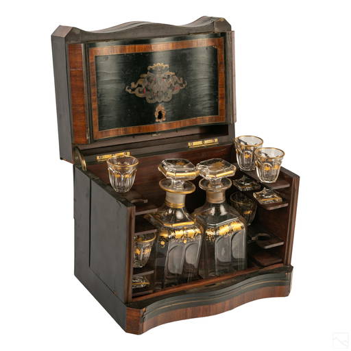Inlaid Wood Antique Tantalus Decanter Cordial Set