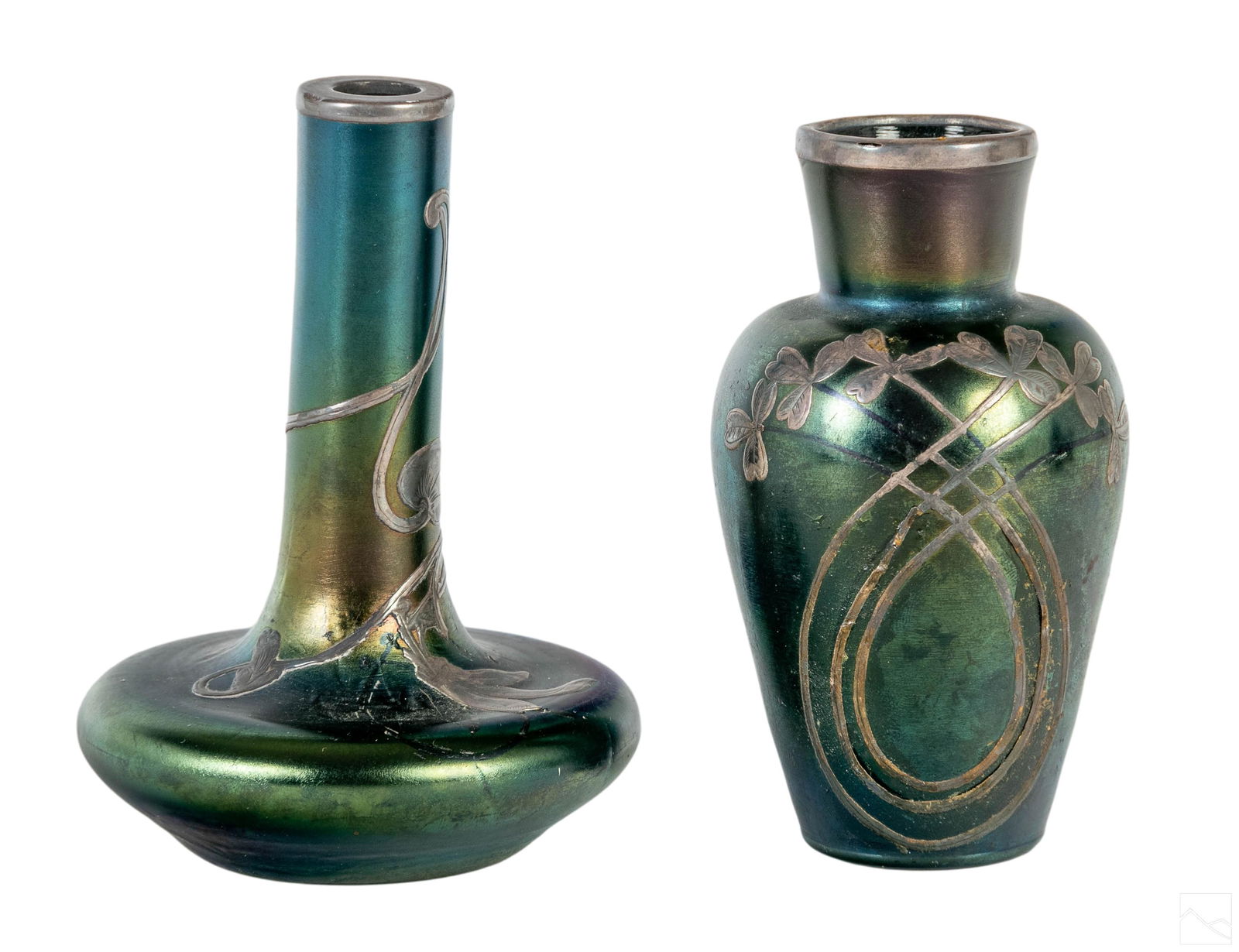 Loetz Style Austrian Glass & Silver Overlay Vases - Sep 28, 2022 | Hill ...