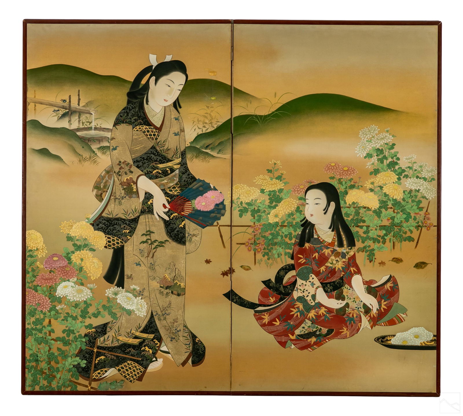 Japanese Antique Two Panel Floor Screen Paintings