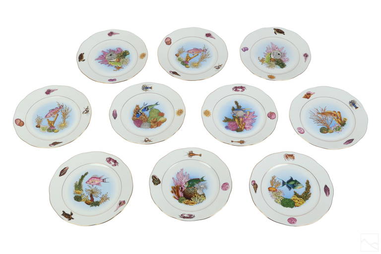 Herend Porcelain Bermuda Reef Fish Plates 10pc Set