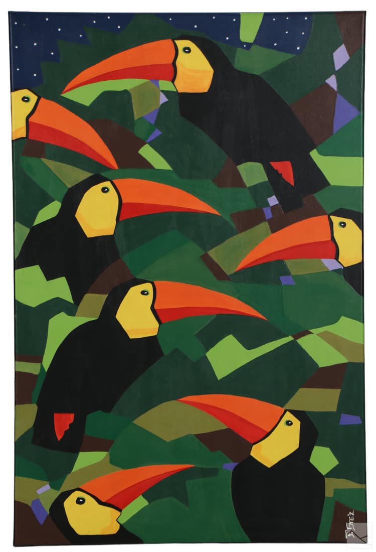 Freddy Gomez B.1966 Cubist Jungle Toucans Painting Auction