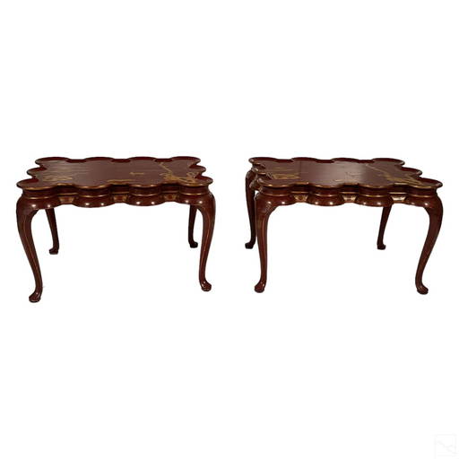 Chinese Pair Red Gold Lacquered Scalloped Tables