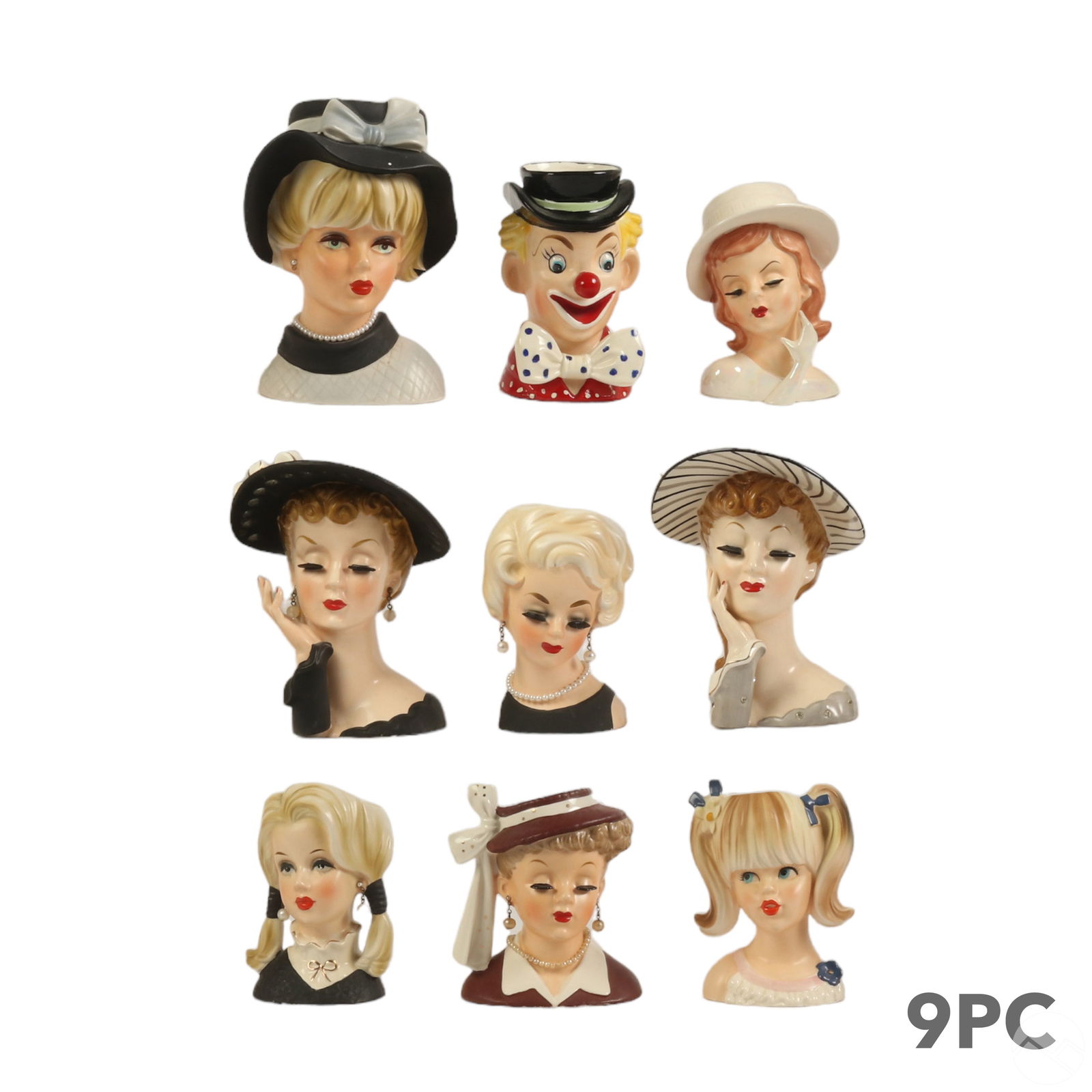 Lady Head Figural Ceramic Porcelain Vases 9pc. Lot Auction